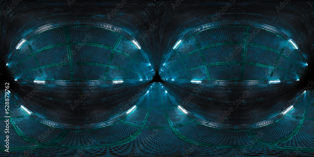 Futuristic Hdri interior corridor with blue neon lights. 360 degree ...