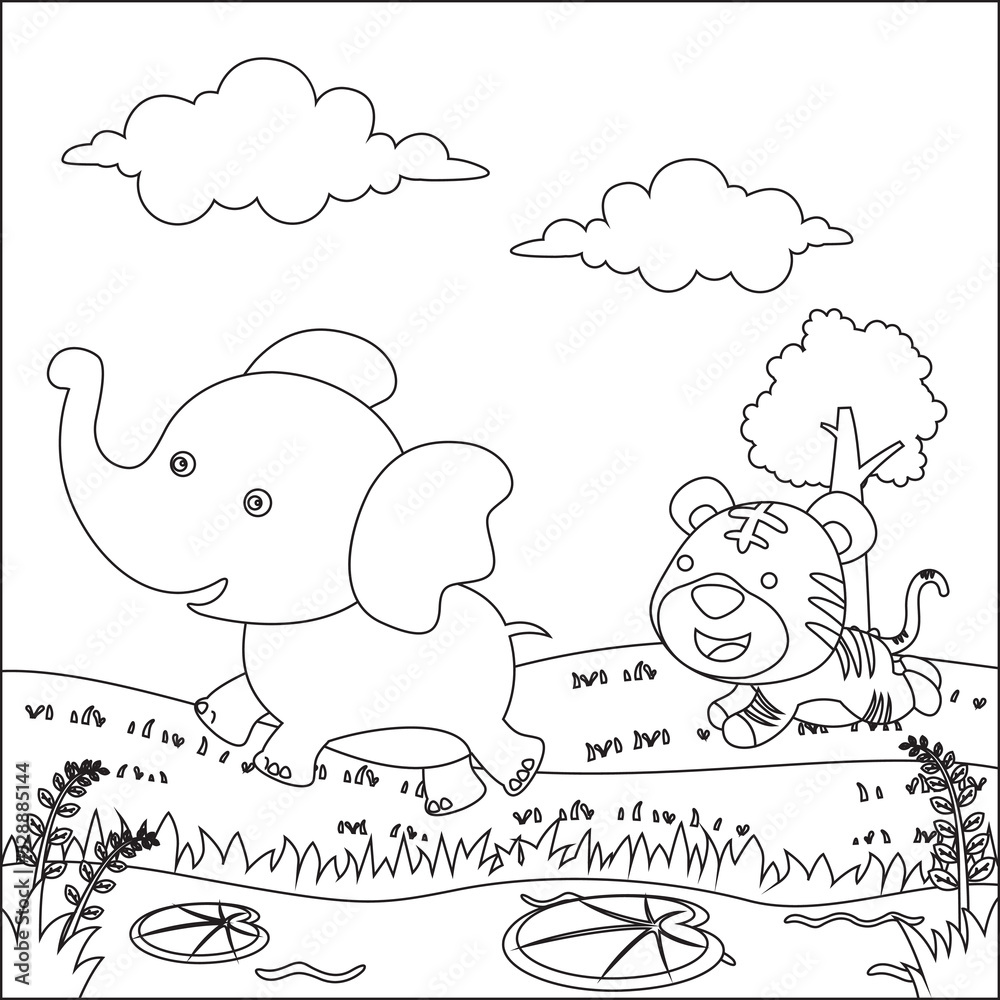 Elephant and tiger runs in Africa Funny Kid Graphic Illustration ...