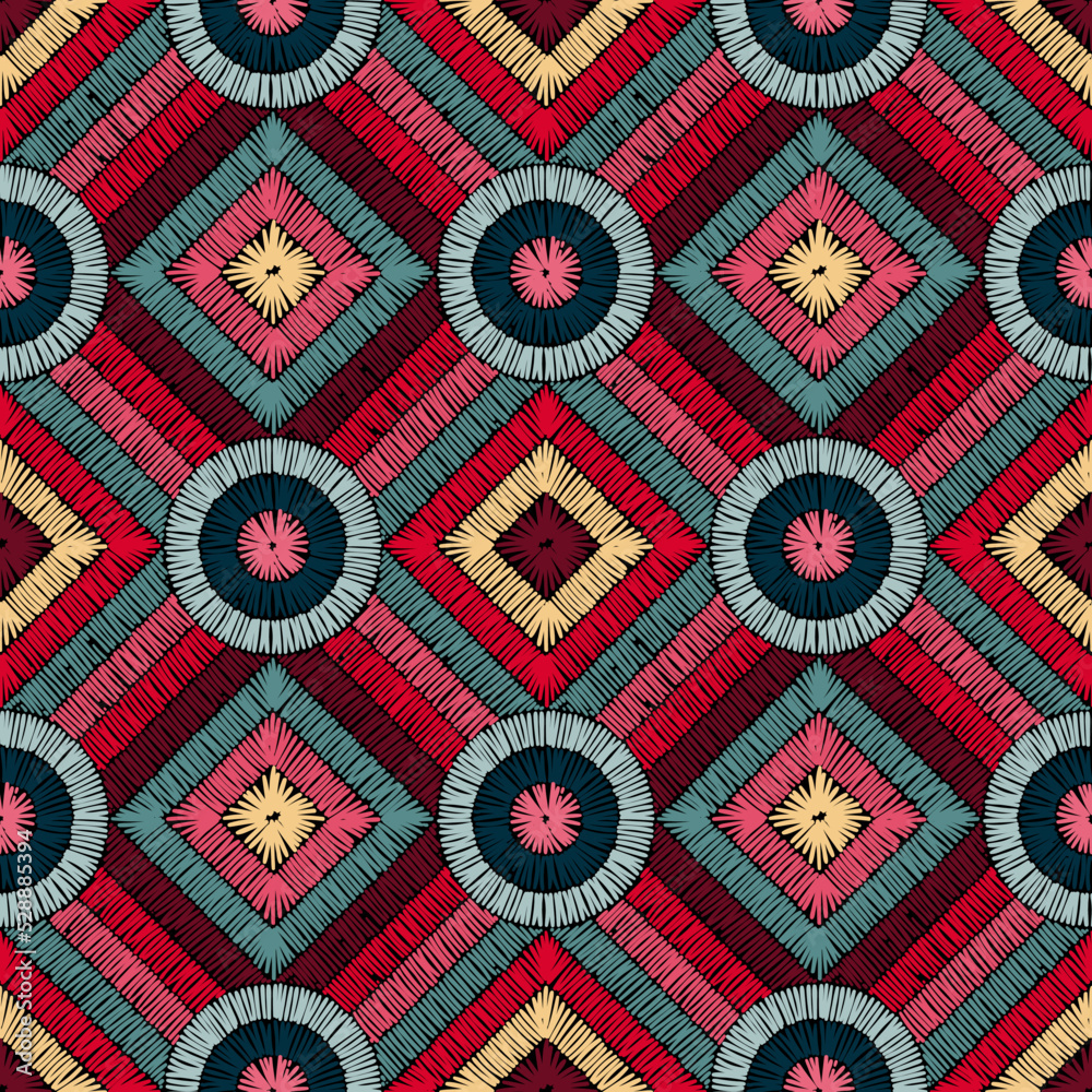Seamless pattern in patchwork style. Embroidered print for carpet ...
