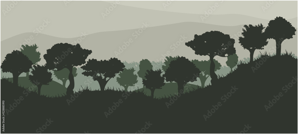 Forest silhouette with trees in green light with hills and hills ...