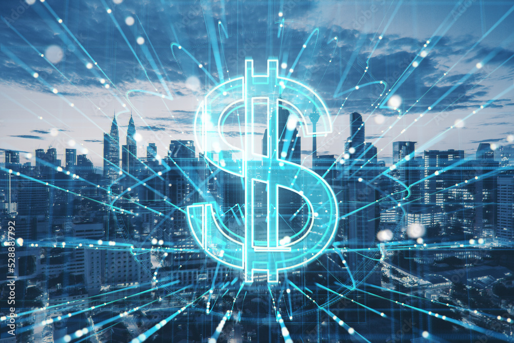 Creative glowing dollar hologram with metaverse lines on blurry blue ...