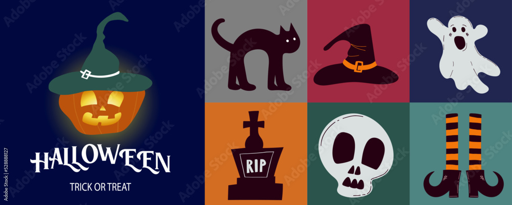 Happy Halloween Set. Set of simple color vector illustrations. Elements ...