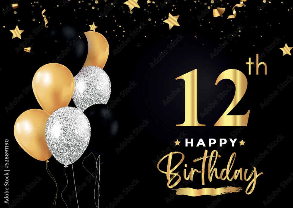 Happy 12th birthday with balloons, grunge brush and gold star isolated ...