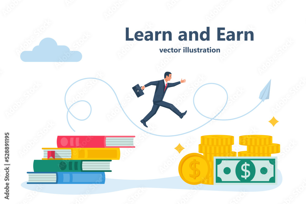 Learn and earn. Education and earnings. A businessman jumps from a ...