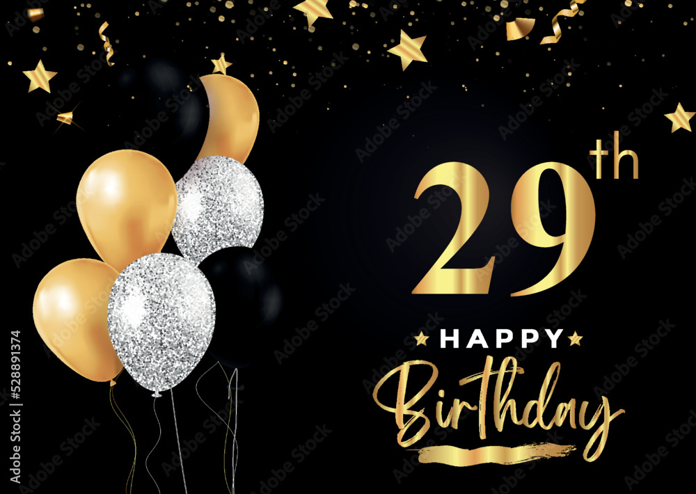 Vecteur Stock Happy 29th birthday with balloons, grunge brush and gold ...