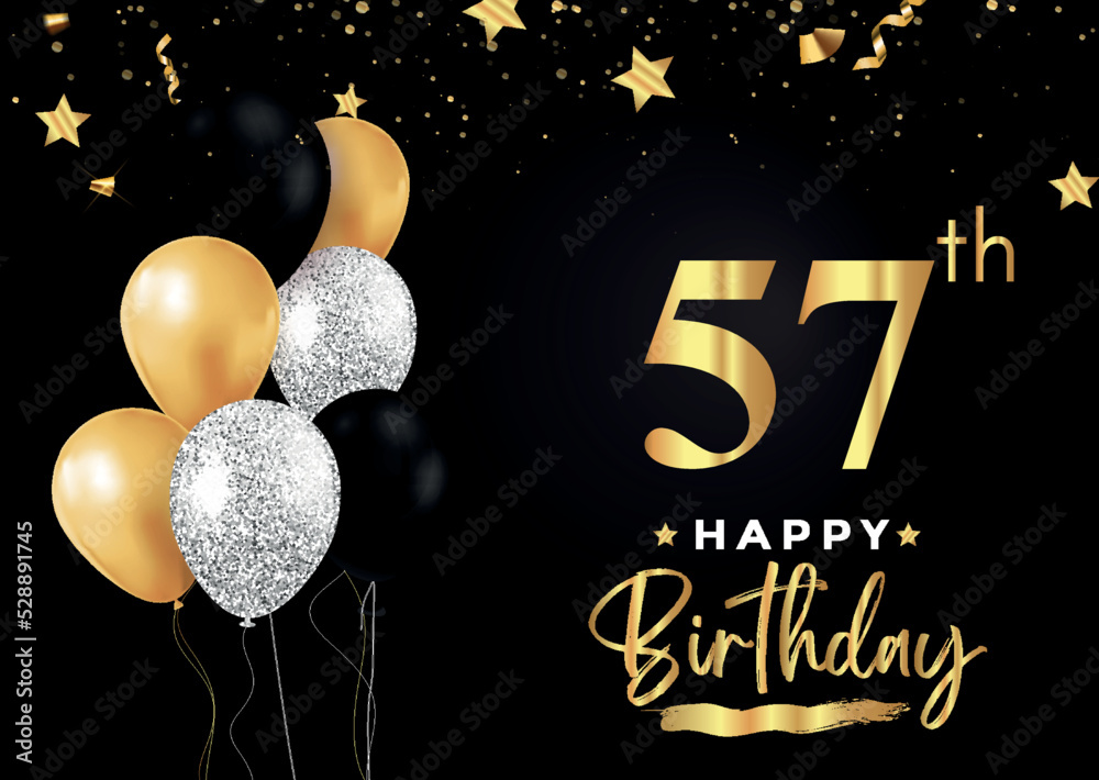 Happy 57th birthday with balloons, grunge brush and gold star isolated ...