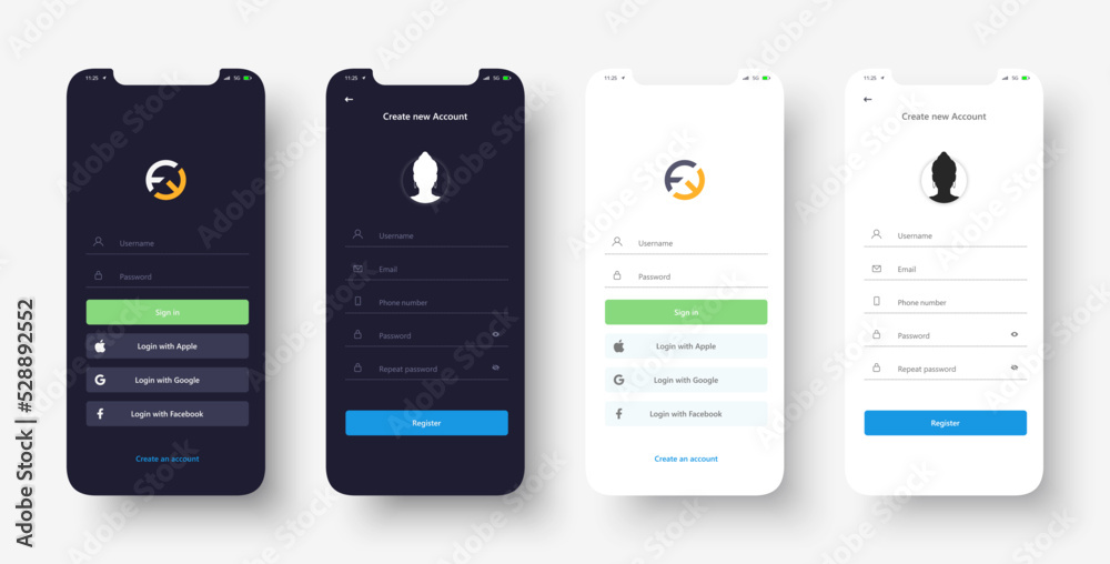 Set of signup and sign In account forms for the smartphone. Black and ...