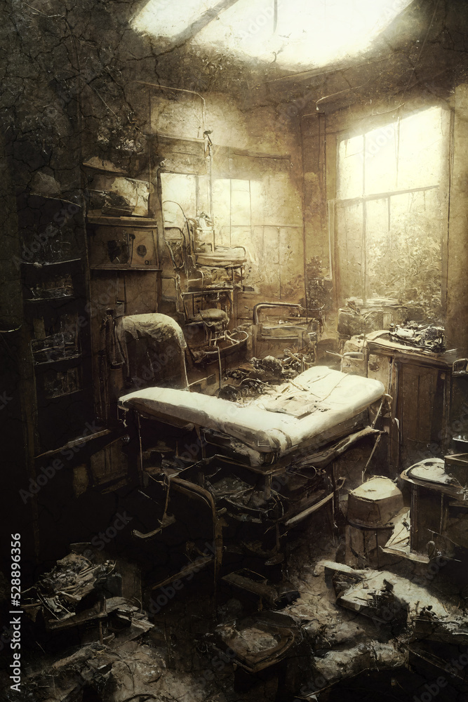 dusty hospital room in a old forgotten clinic, inside a abandoned and ...