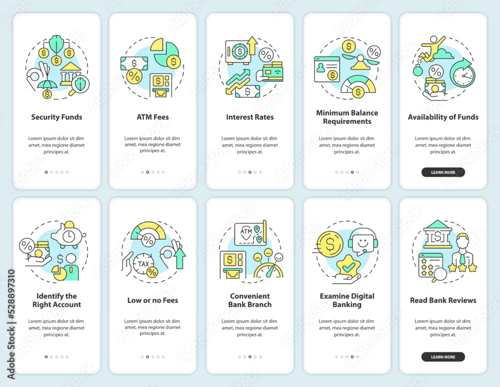 Choosing credit union and bank onboarding mobile app screen set ...