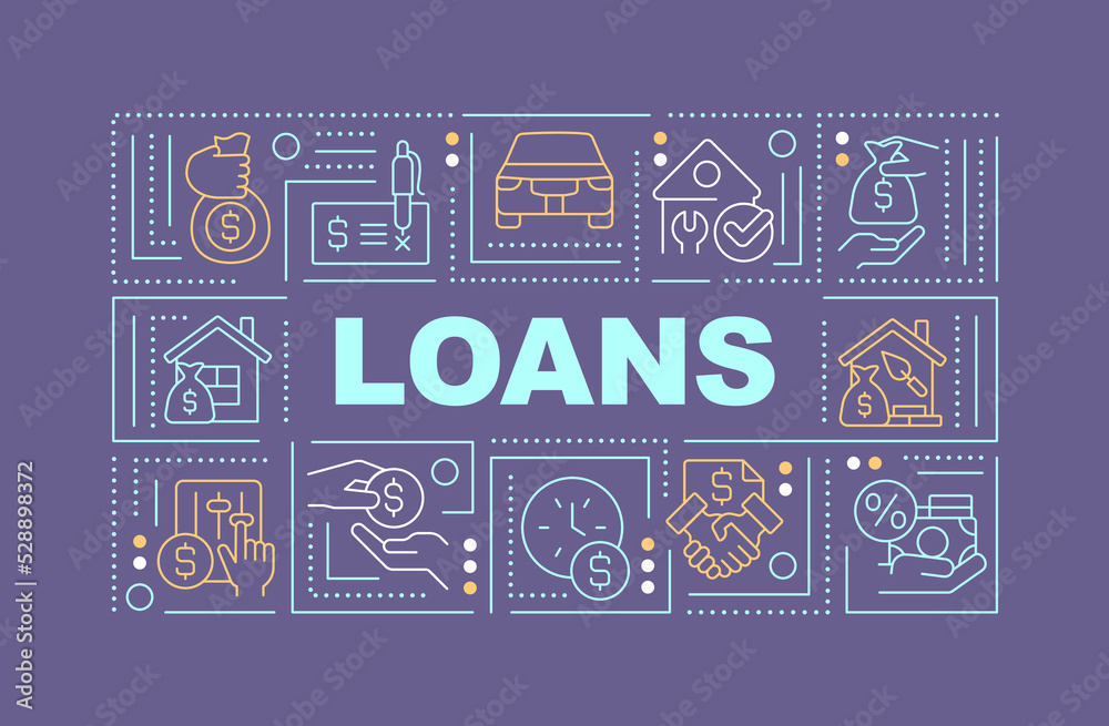 Loans word concepts dark purple banner. Banking products for customers ...