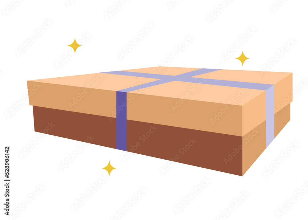 Simple wide gift box with ribbon, side view. Isolated on white flat ...