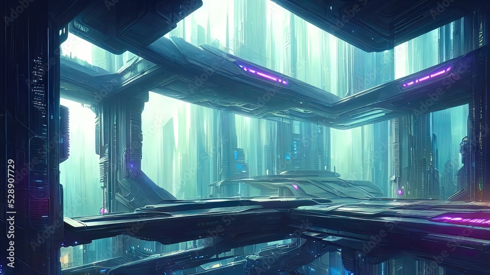 Futuristic dark modern room, neon light interior with botanical garden ...