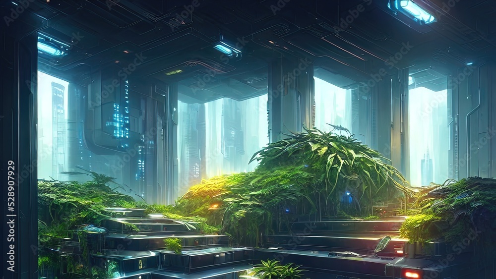 Futuristic dark modern room, neon light interior with botanical garden ...