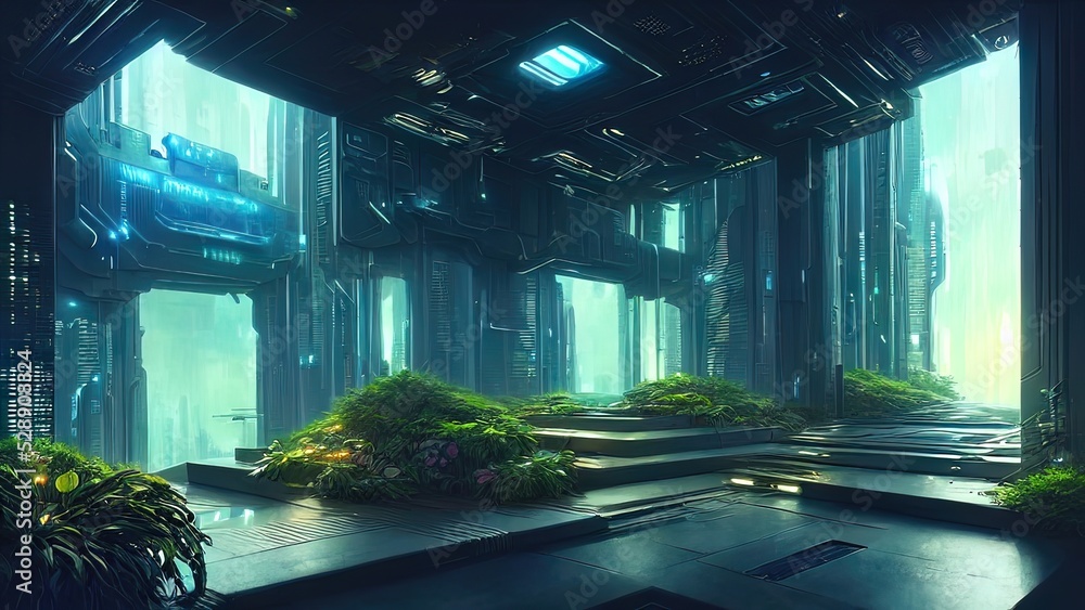 Futuristic dark modern room, neon light interior with botanical garden ...