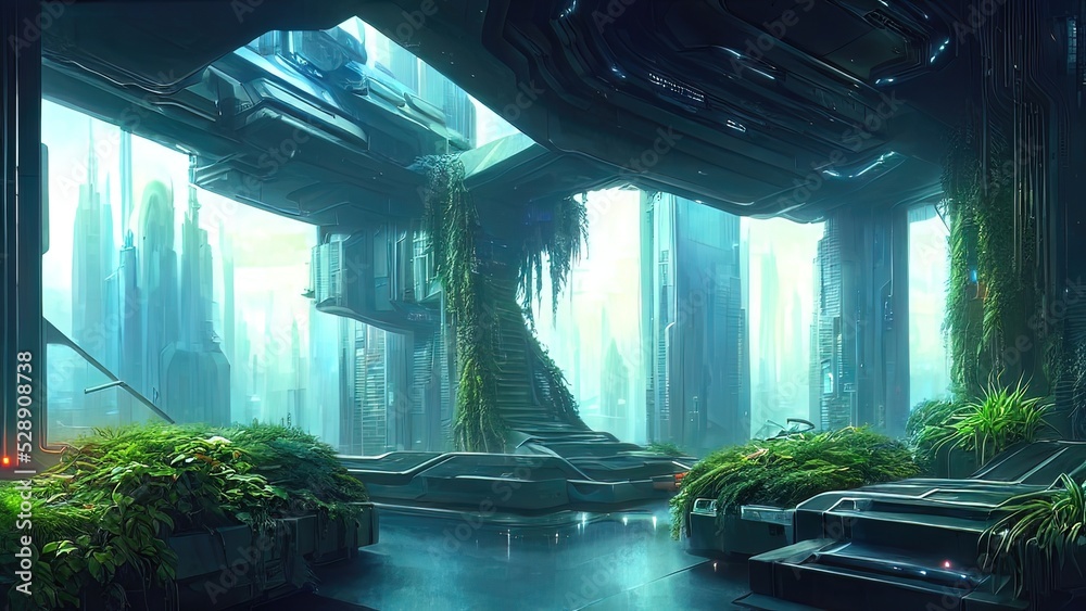 Futuristic dark modern room, neon light interior with botanical garden ...