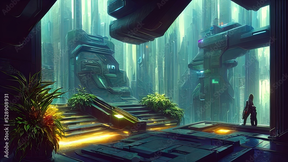 Futuristic dark modern room, neon light interior with botanical garden ...