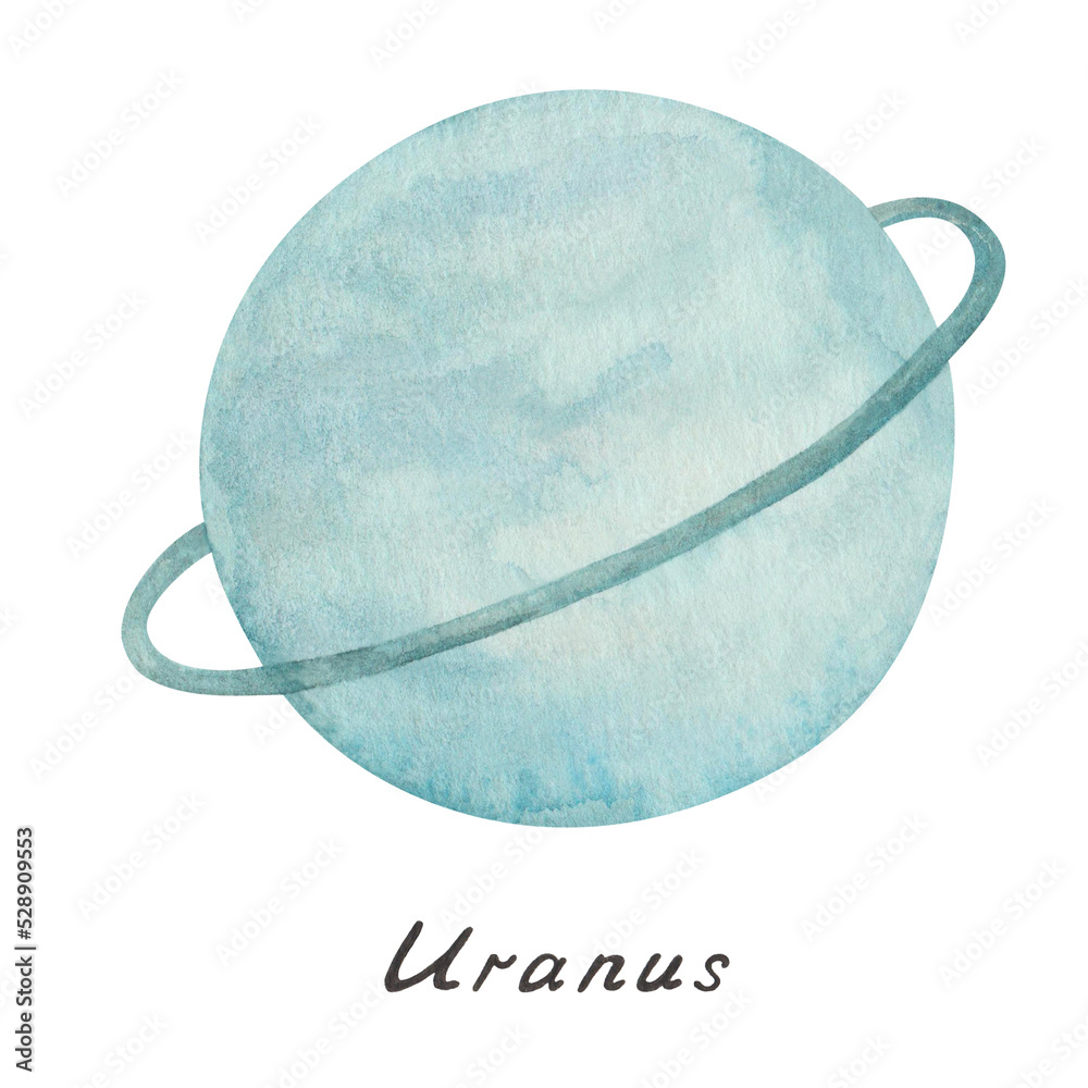Watercolor illustration of hand painted blue planet with ring Uranus ...