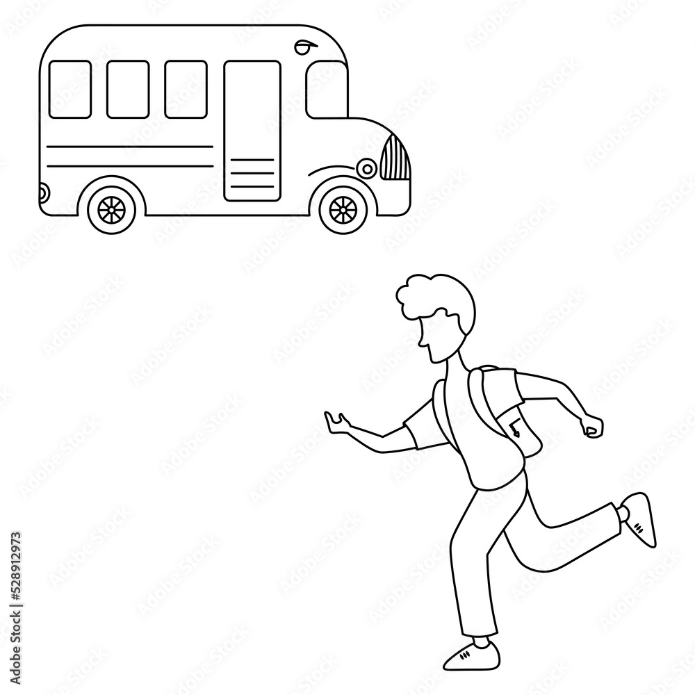 A schoolboy with a satchel for textbooks runs to the school bus. Sketch ...