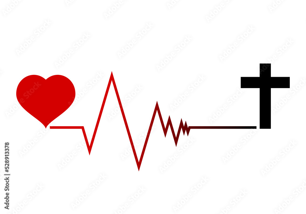 Line heartbeat cardiograph with red heart and black christian crucifix ...