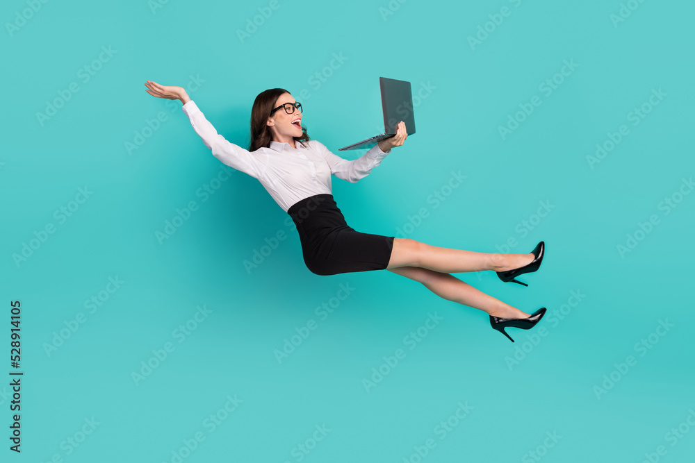 Full size photo of lady marketer falling down levitate air with netbook ...