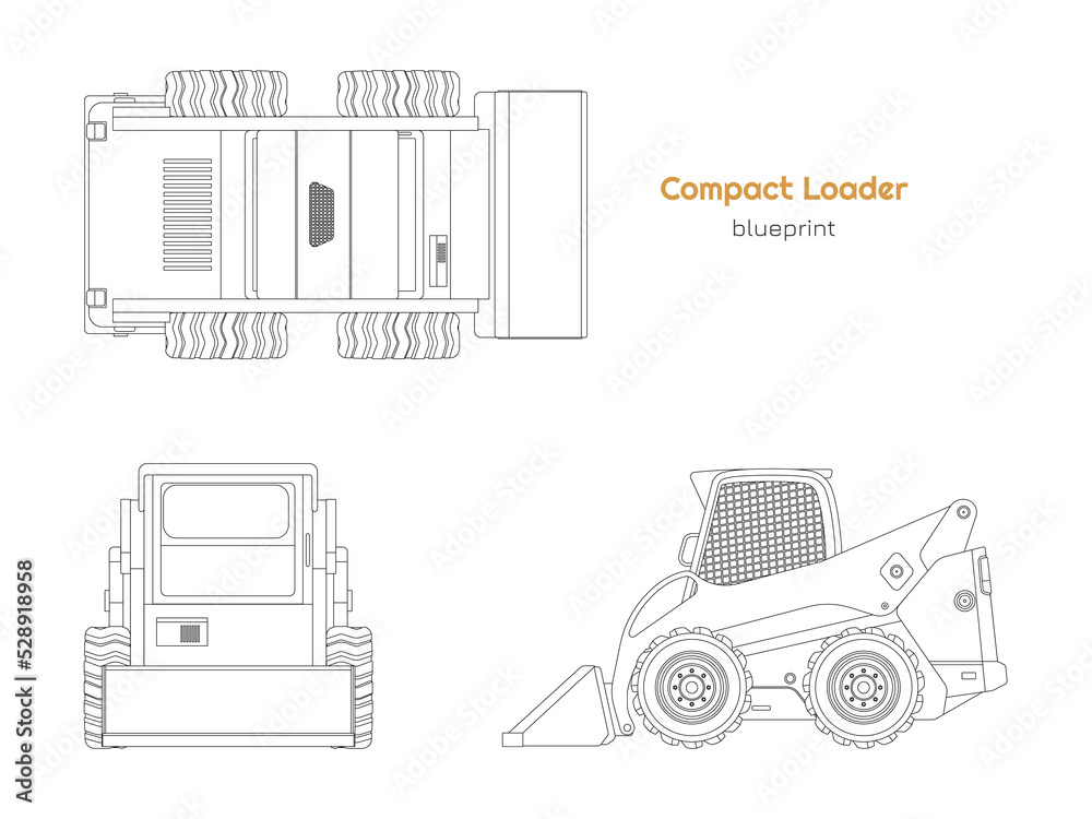 Outline compact loader. Contour side, front amd top view. Isolated ...