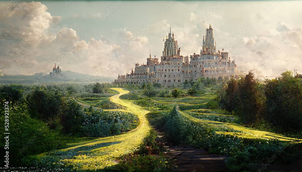 Summer landscape of a castle on a hill under a sky with fluffy clouds ...