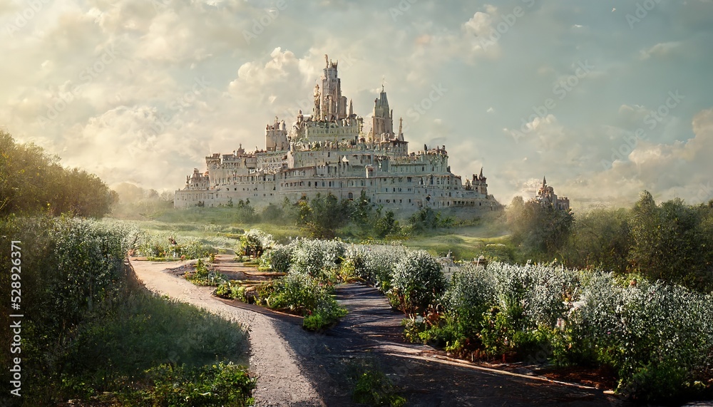 Road to a fairy tale castle on a hill with green fields and bushes ...