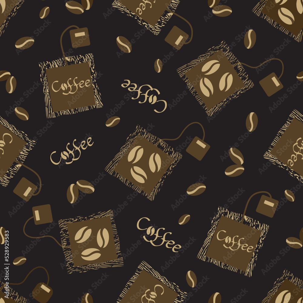 Coffee bag and beans vector seamless pattern background. Black brown ...