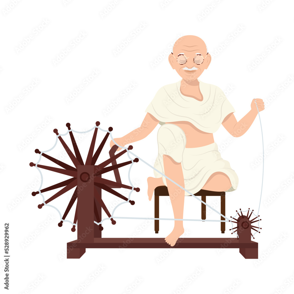 Character Of Mahatma Gandhi (Bapu) Spinning Charkha On White Background ...