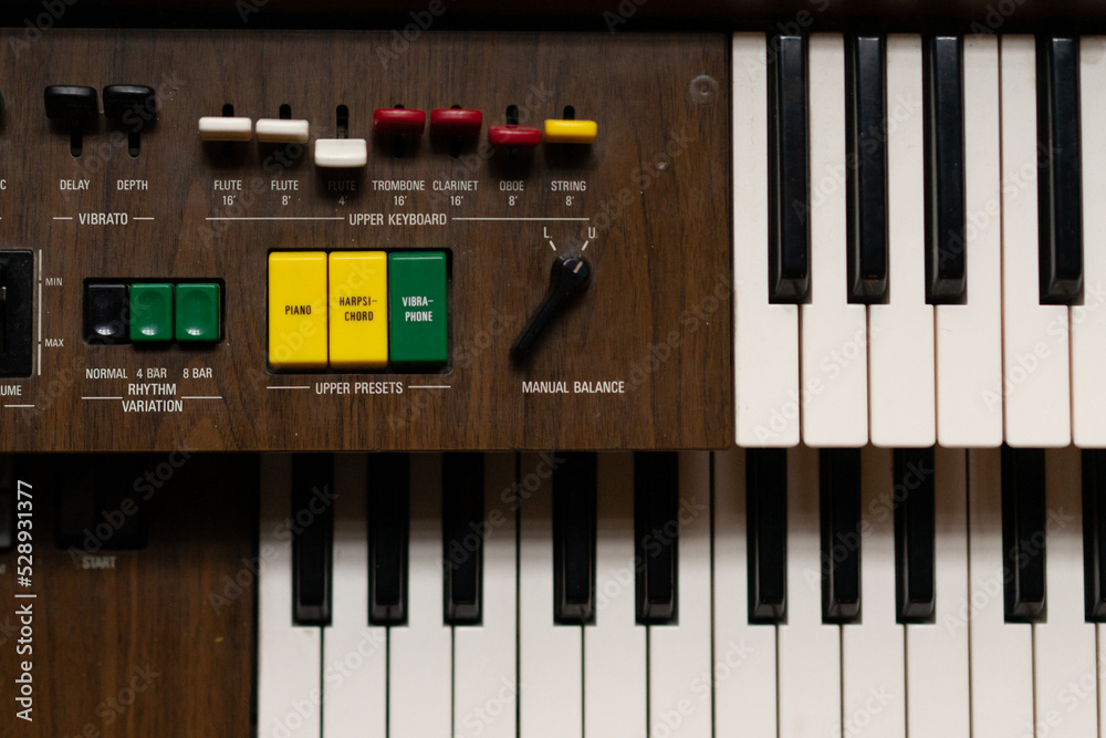 Electric organ keys. old electric organ. Old fashioned double keyboard ...