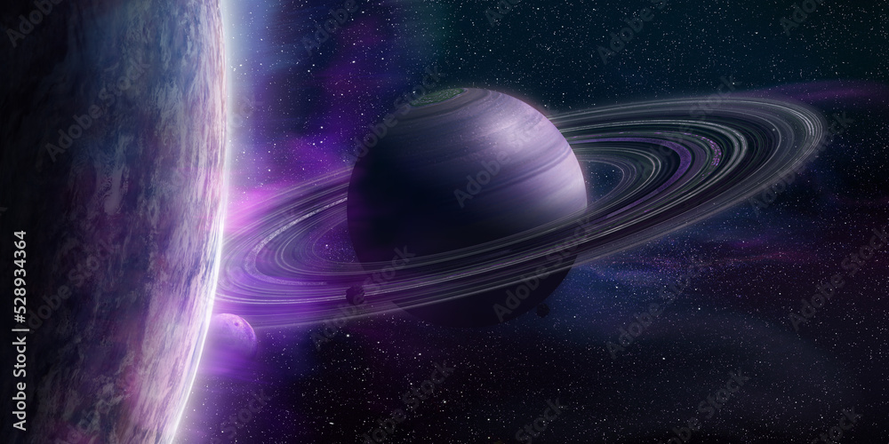 Gas giant next to a planet with turquoise and purple gamma rays and ...