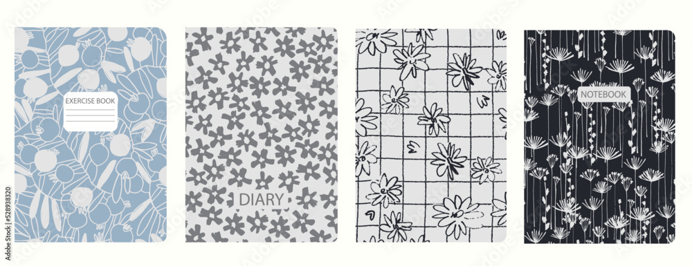 Set of cover page templates with hand drawn flowers, branches, leaves ...