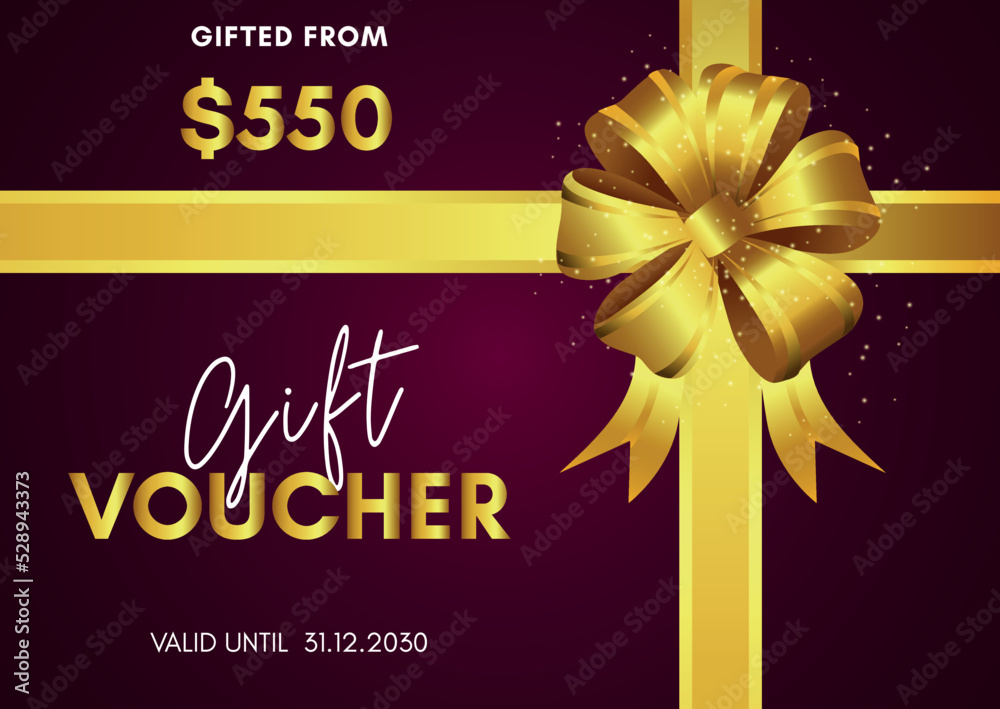 550 Dollar Gift voucher template design with golden bow on magenta ...