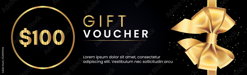 100 Dollar Gift voucher template design with gold bow and gold circle ...