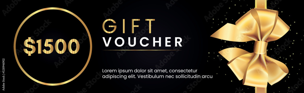 1500 Dollar Gift voucher template design with gold bow and gold circle ...