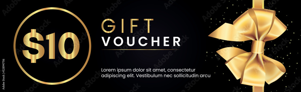 10 Dollar Gift voucher template design with gold bow and gold circle ...