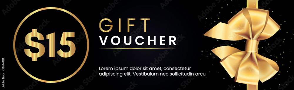 15 Dollar Gift voucher template design with gold bow and gold circle ...