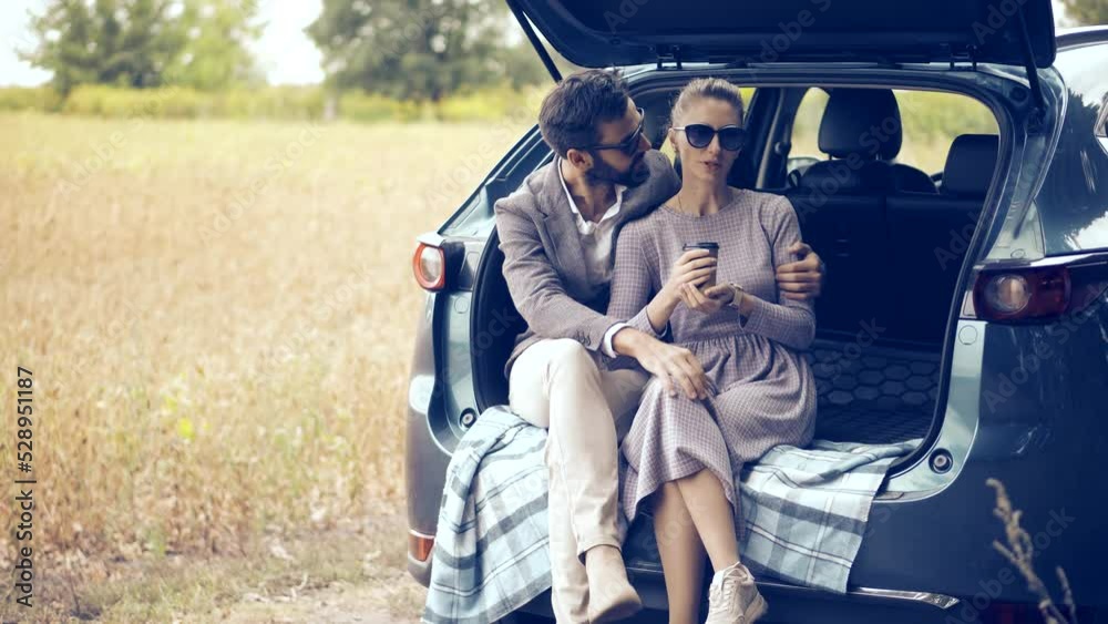 Car Journey Roadtrip. Married Couple Hugging Together. Domestic Travel ...