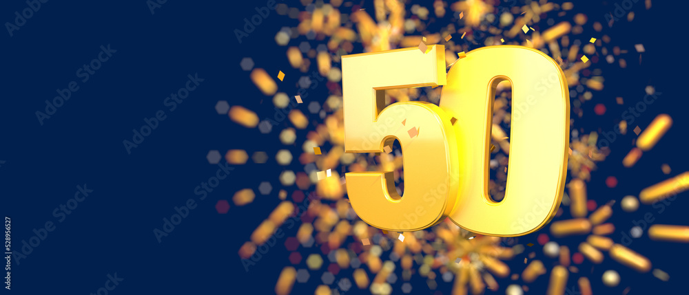 Gold number 50 in the foreground with gold confetti falling and ...