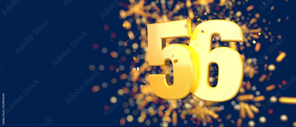 Gold number 56 in the foreground with gold confetti falling and ...