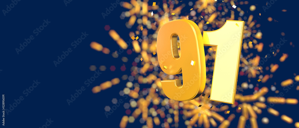 Gold number 91 in the foreground with gold confetti falling and ...