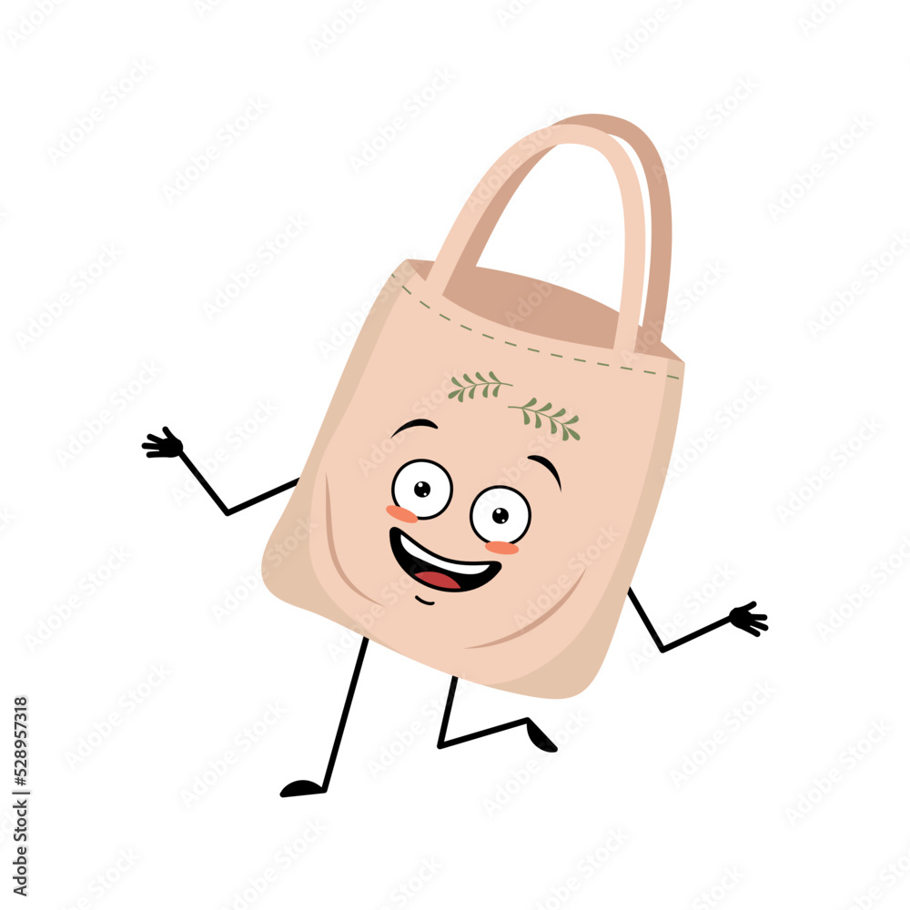 Cute character fabric bag with happy emotions, joyful face, smile eyes ...