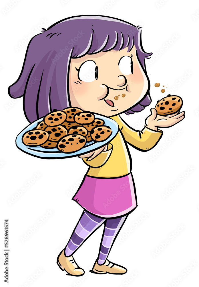 illustration of little girl eating with tray of cookies Stock ...