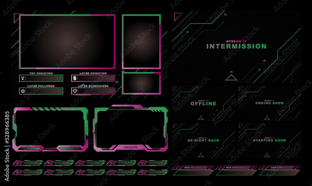 twitch Stream Facecam OBS Template Pink Green Game frame overlay design ...