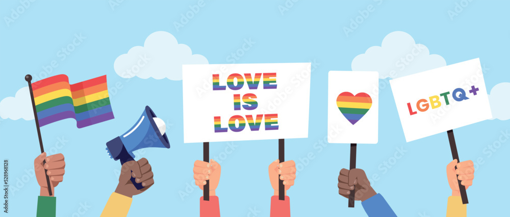 People hold megaphone, posters and flag with lgbt rainbow. Lgbt crowd ...