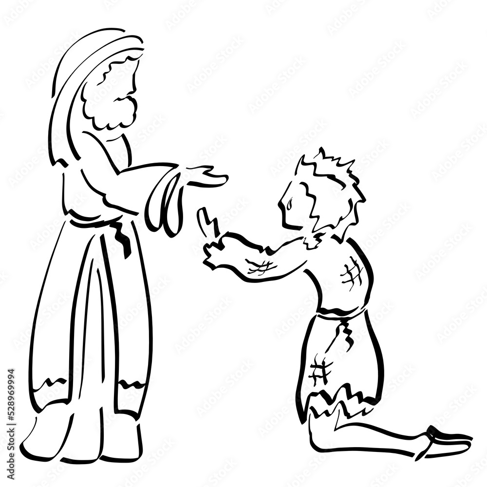 return of the prodigal son to a loving father, Biblical parable, black ...