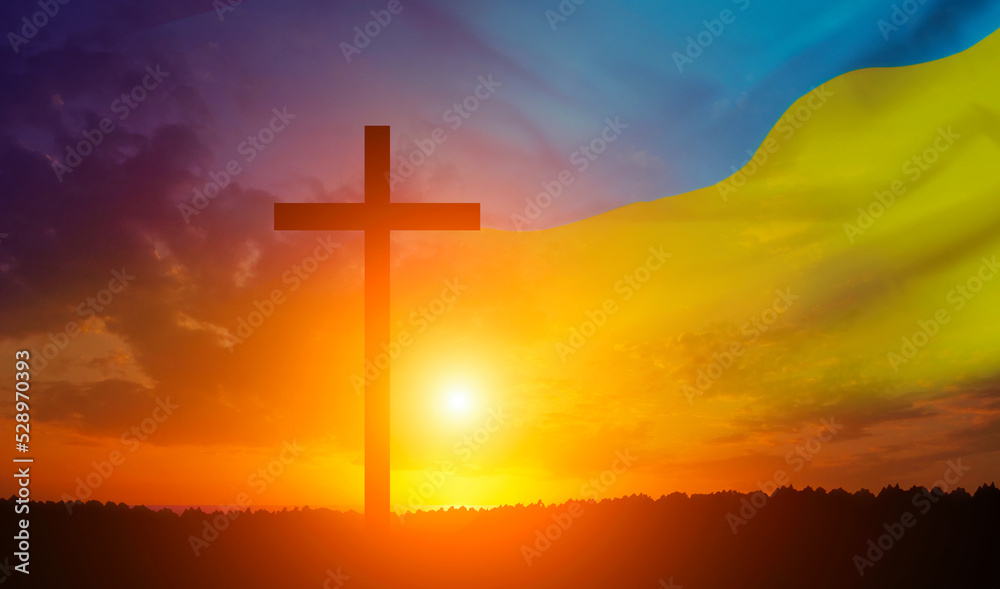 Ukrainian flag . Cross on sky background. Stock Photo | Adobe Stock