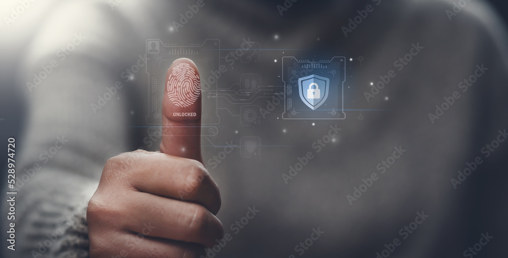 Close up of business hand thumbs up fingerprint scanning Security and ...