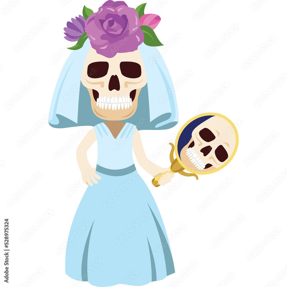 Ghost bride skeleton holding a mirror in halloween fancy to go trick or ...