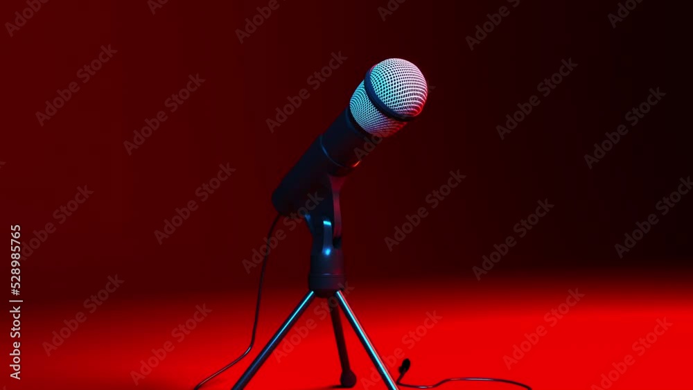 Microphone on stage close-up. Mic rotating. Karaoke, night club, bar ...